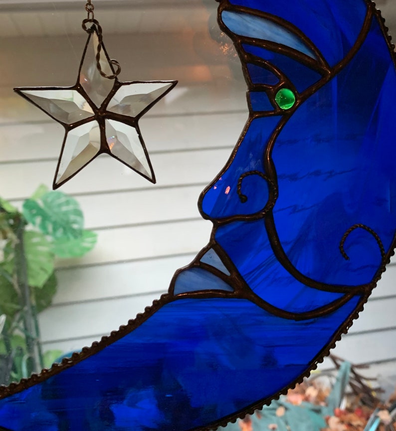 6 X 11 Moon/ Blue-pink Moon Window Hanging/ Stained Glass - Etsy