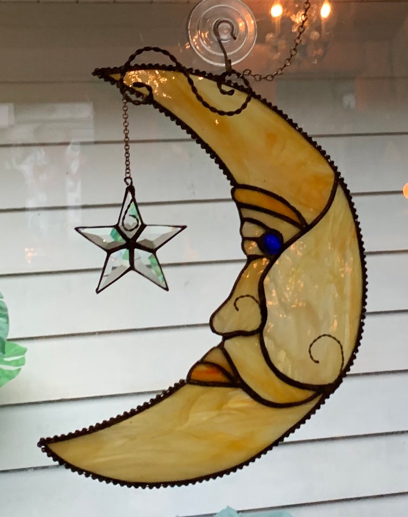 6 X 11 Moon/ Blue-pink Moon Window Hanging/ Stained Glass - Etsy