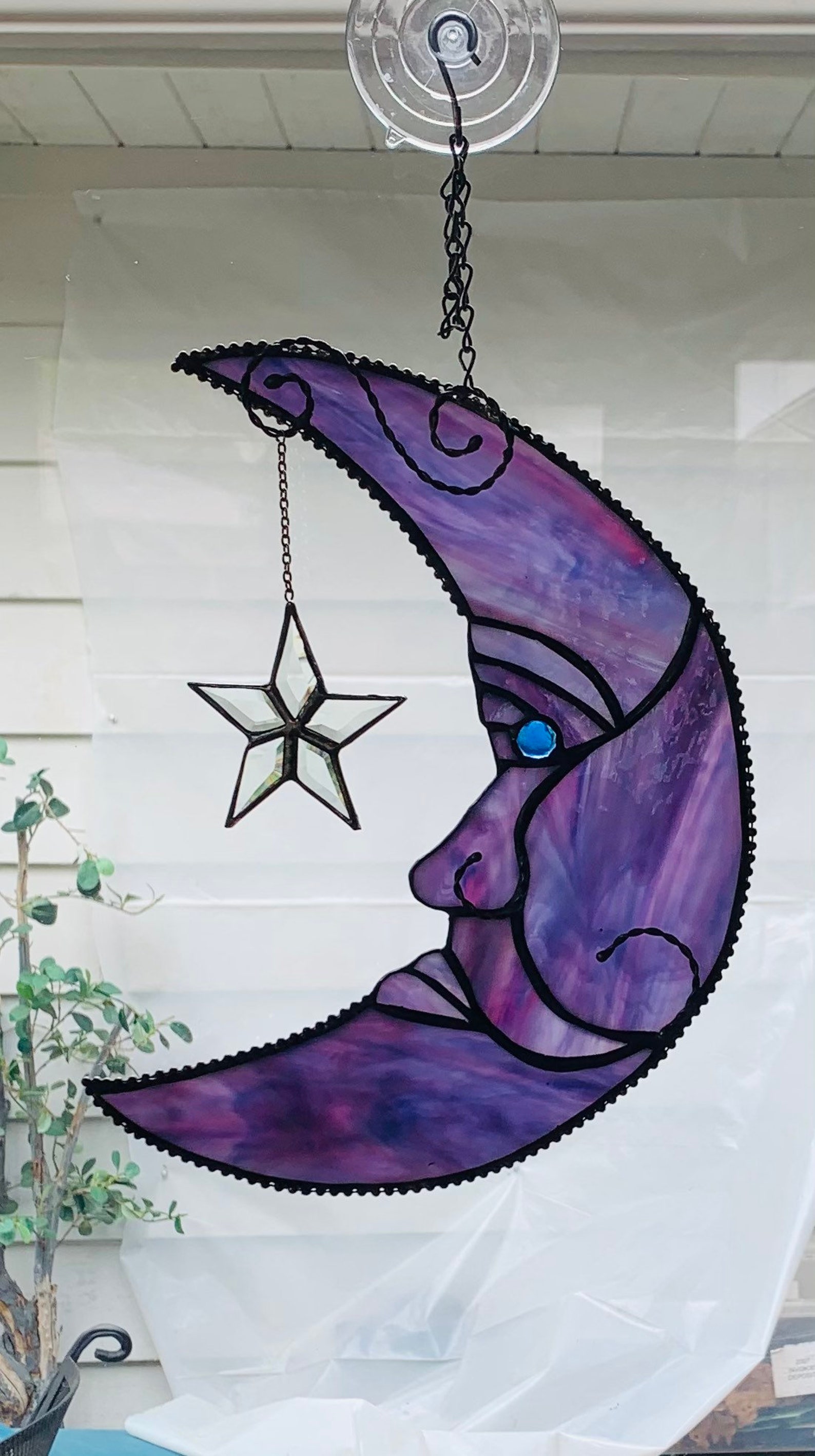 6 X 11 Moon/ Blue-pink Moon Window Hanging/ Stained Glass - Etsy