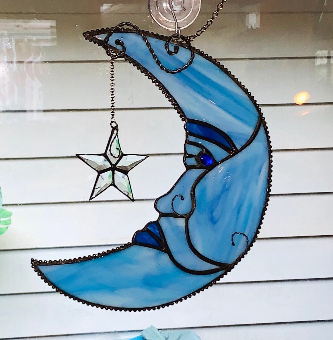 6” X 11” Moon/ Blue-pink Moon Window Hanging/ Stained Glass Blue Moon ...