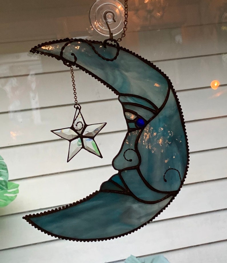 6 X 11 Moon/ Blue-pink Moon Window Hanging/ Stained Glass - Etsy