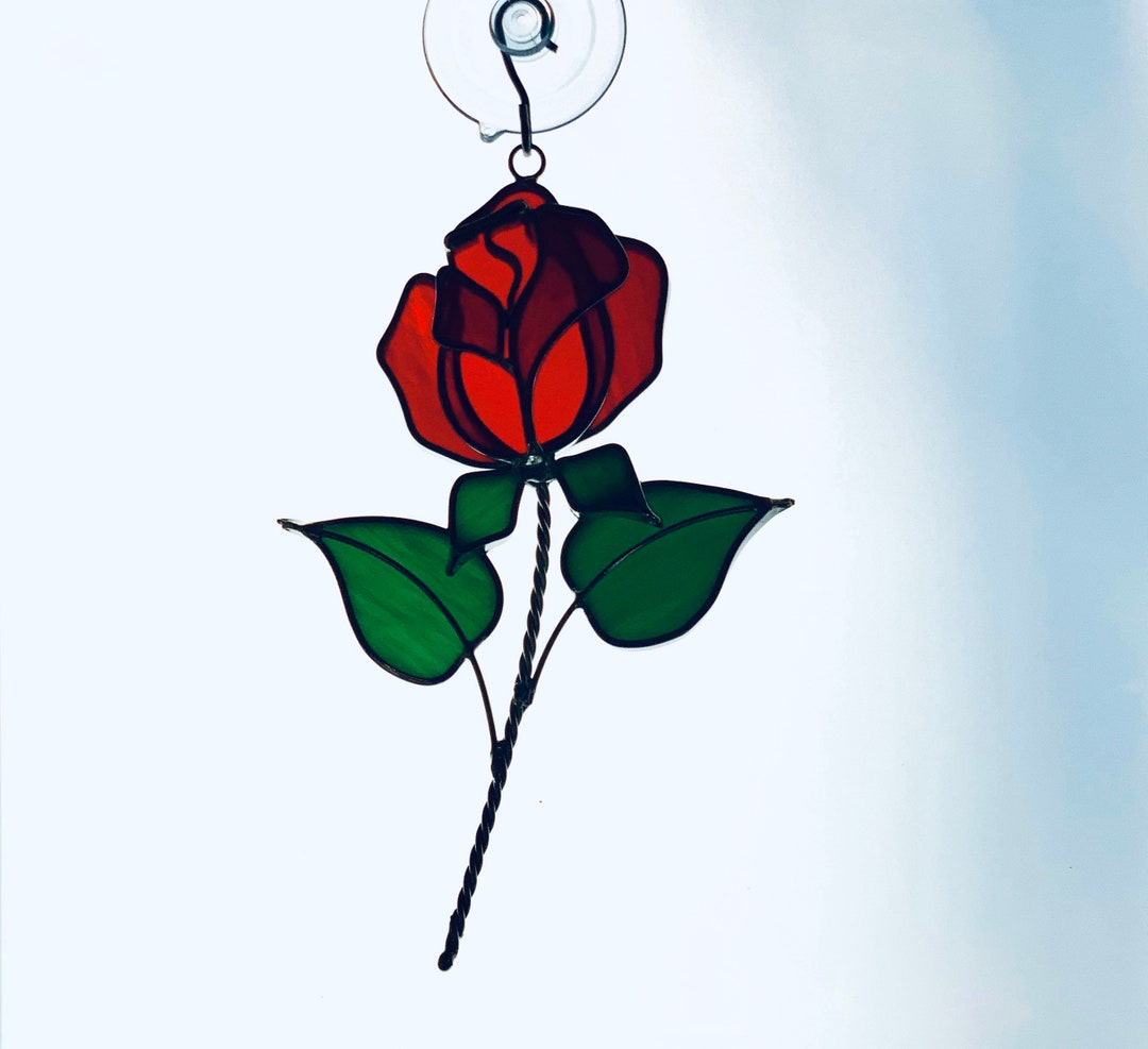 Rose Suncatcher/ 4” X 7” Stained Glass Rose/choose Red or Pink Rose ...