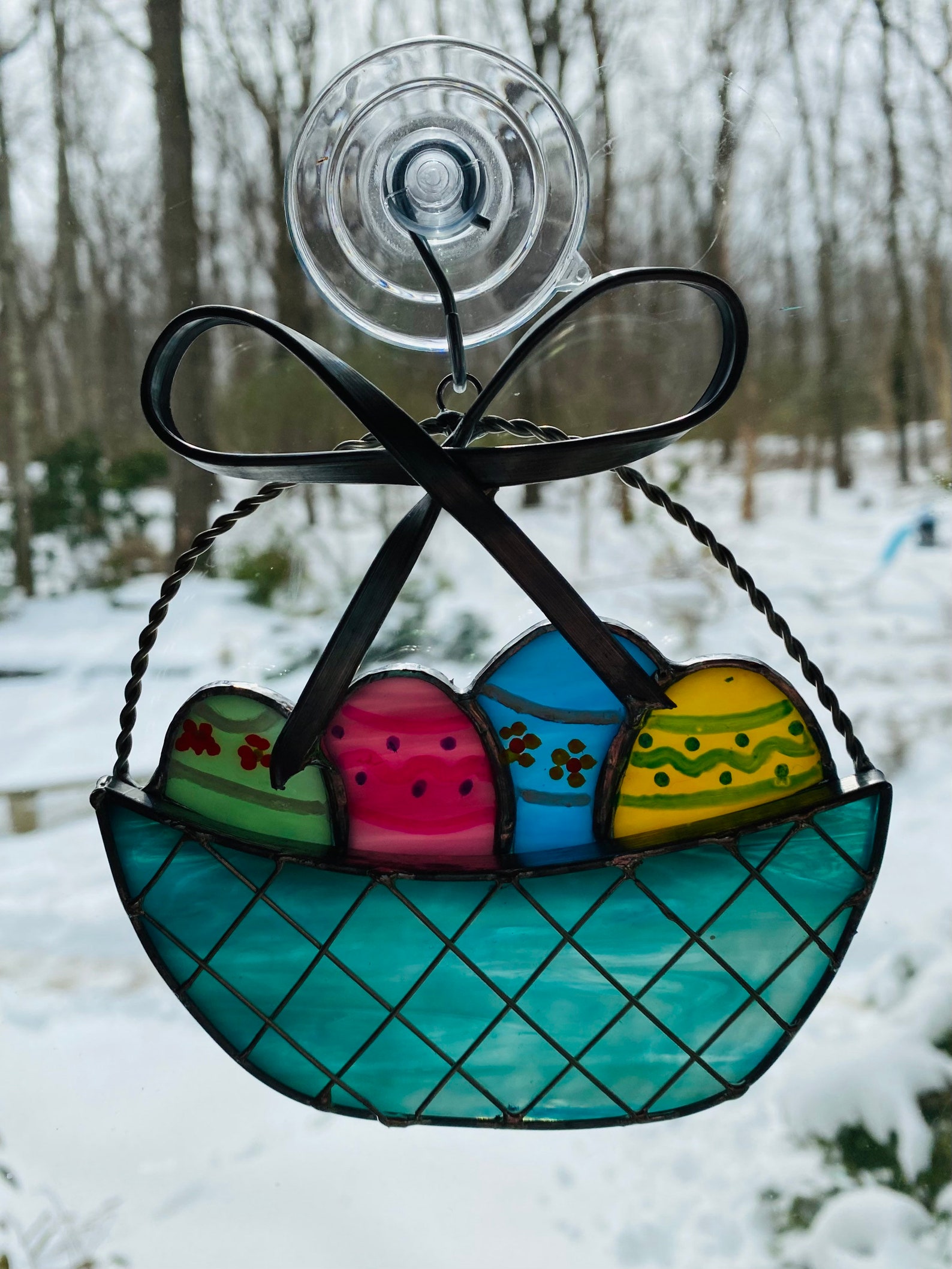 New Colors!! Pink, Teal or Yellow Stained Glass Easter Basket/ 5”x5 ...