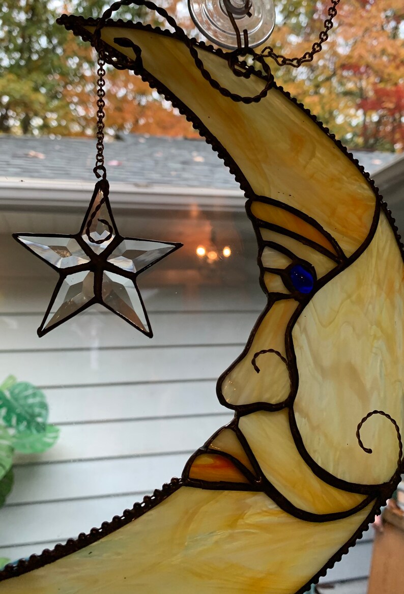 6 X 11 Moon/ Blue-pink Moon Window Hanging/ Stained Glass - Etsy