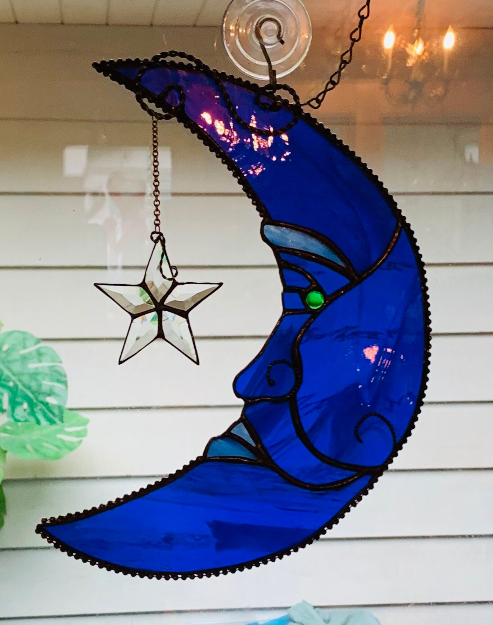 6 X 11 Moon/ Blue-pink Moon Window Hanging/ Stained Glass - Etsy