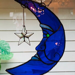 6” X 11” Moon/ Blue-pink Moon Window Hanging/ Stained Glass Blue Moon ...