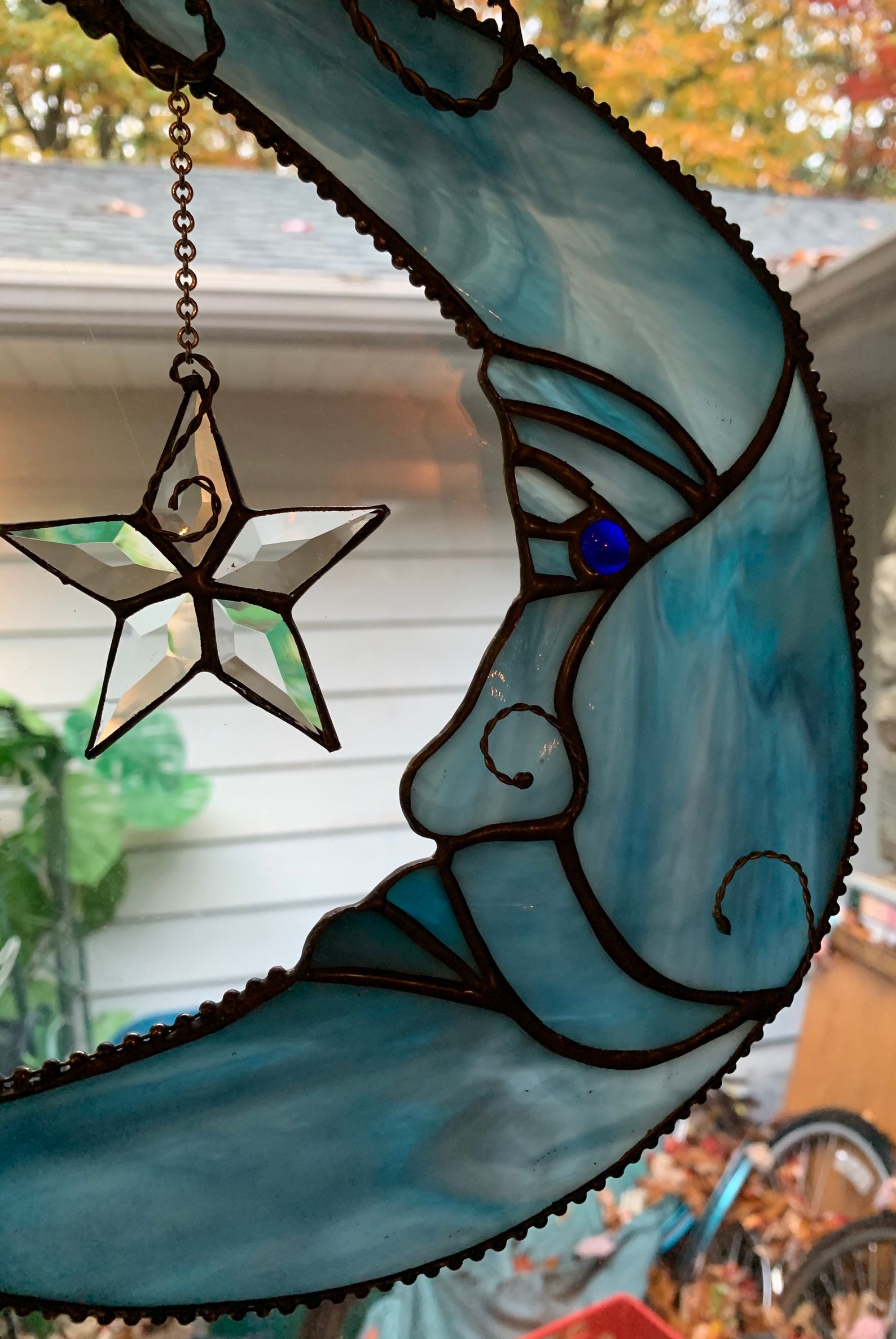 6 X 11 Moon/ Blue-pink Moon Window Hanging/ Stained Glass - Etsy