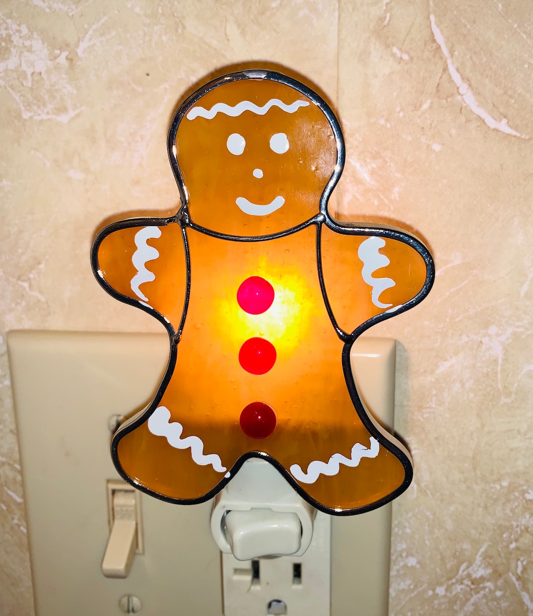 3”w X 5”h Gingerbread-man Nite Lite/ Stained Glass Christmas Decoration ...