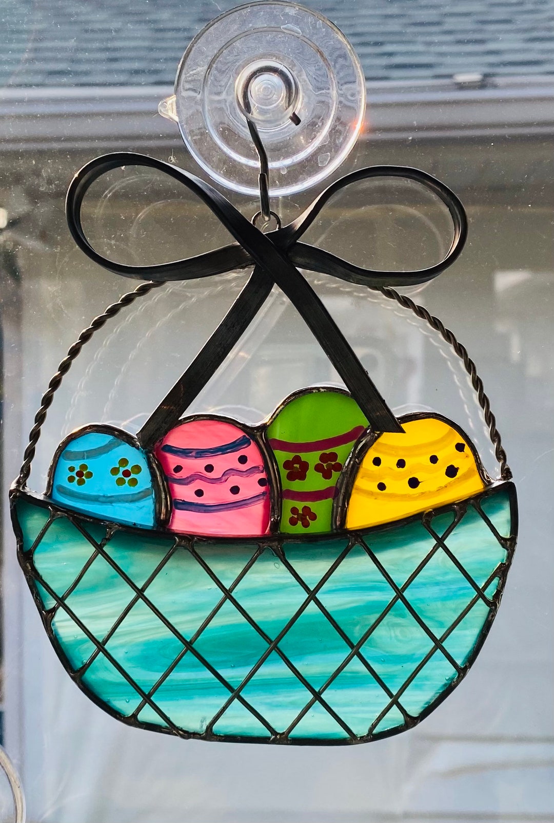 New Colors!! Pink, Teal or Yellow Stained Glass Easter Basket/ 5”x5 ...