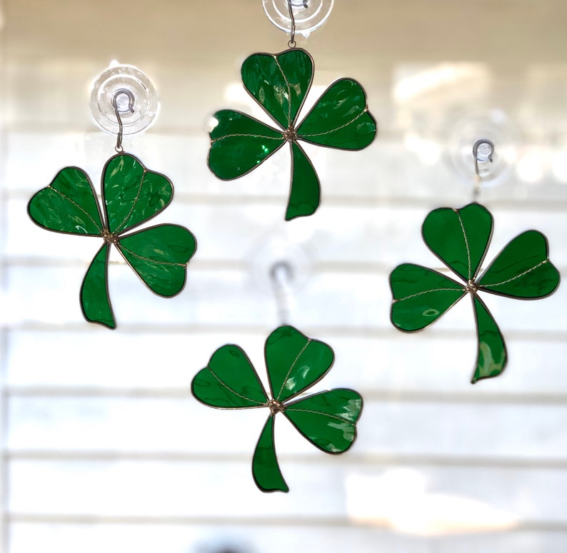 Lucky Shamrock/ 3 Leaf Clover Suncatcher/ 4 1/2” X4 1/2” Stained Glass ...