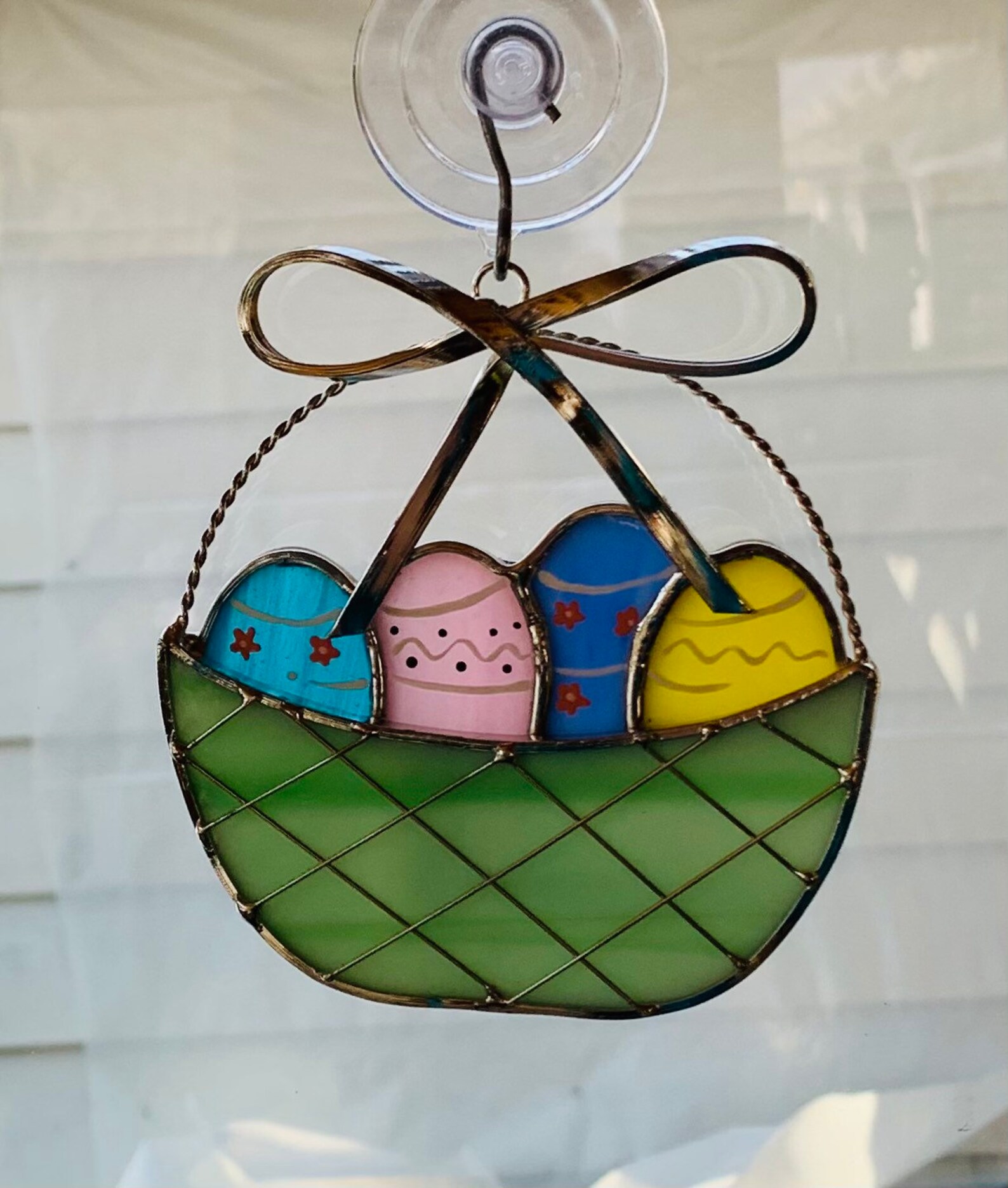 New Colors!! Pink, Teal or Yellow Stained Glass Easter Basket/ 5”x5 ...
