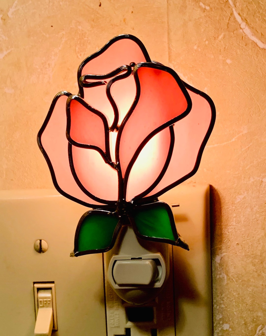 Stained Glass Rose Night Light/ 3”W X 5”H Pink Rose Wall Light/ Kitchen ...
