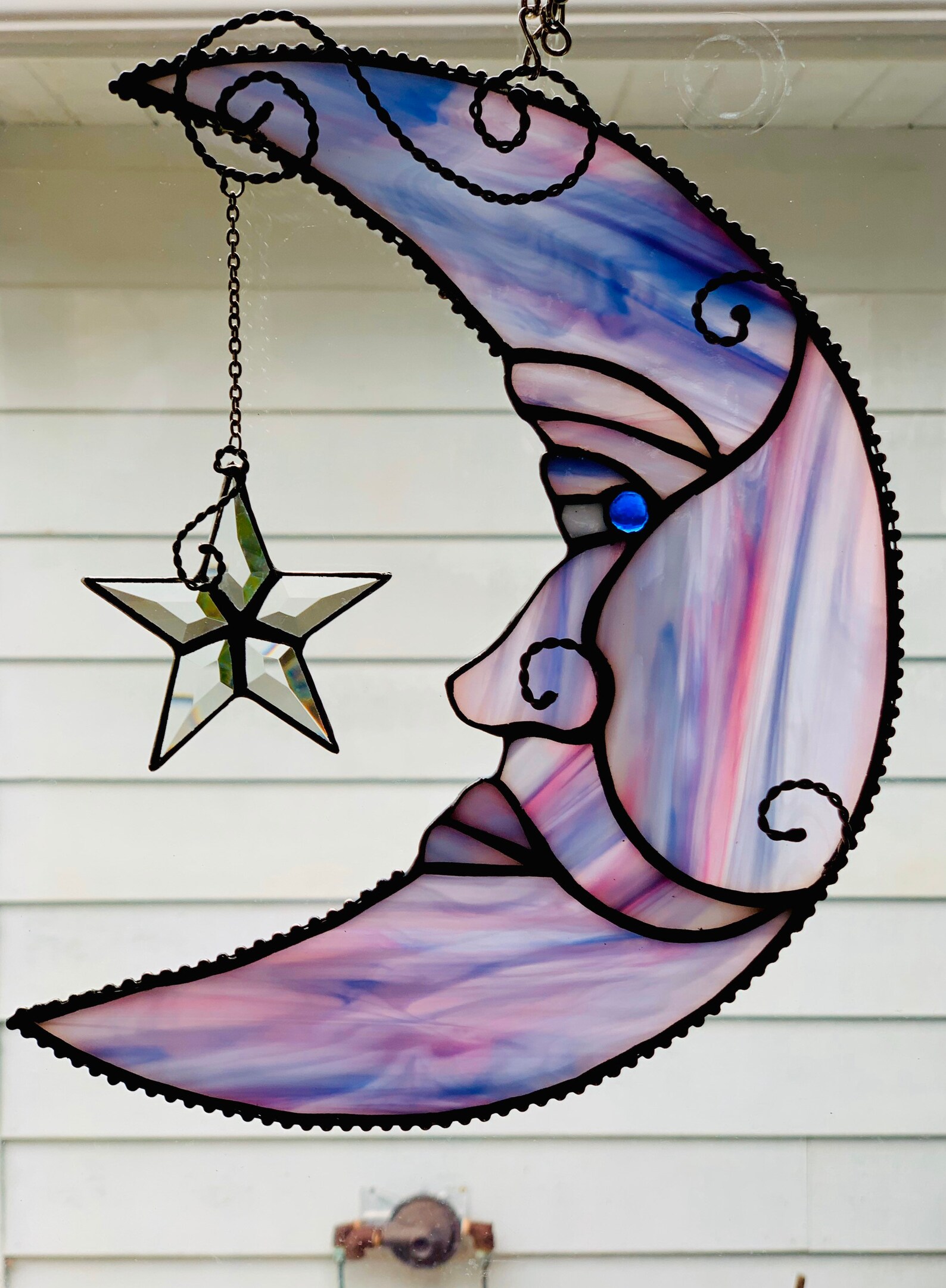 6 X 11 Moon/ Blue-pink Moon Window Hanging/ Stained Glass - Etsy
