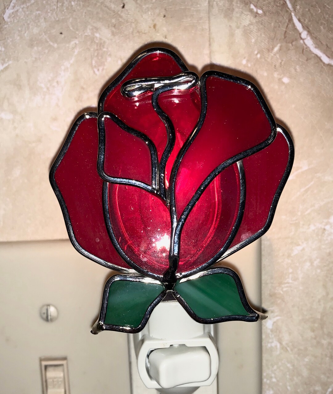 Stained Glass Rose Night Light/ 4”w X 5”h Red Rose Wall Light/ Kitchen ...