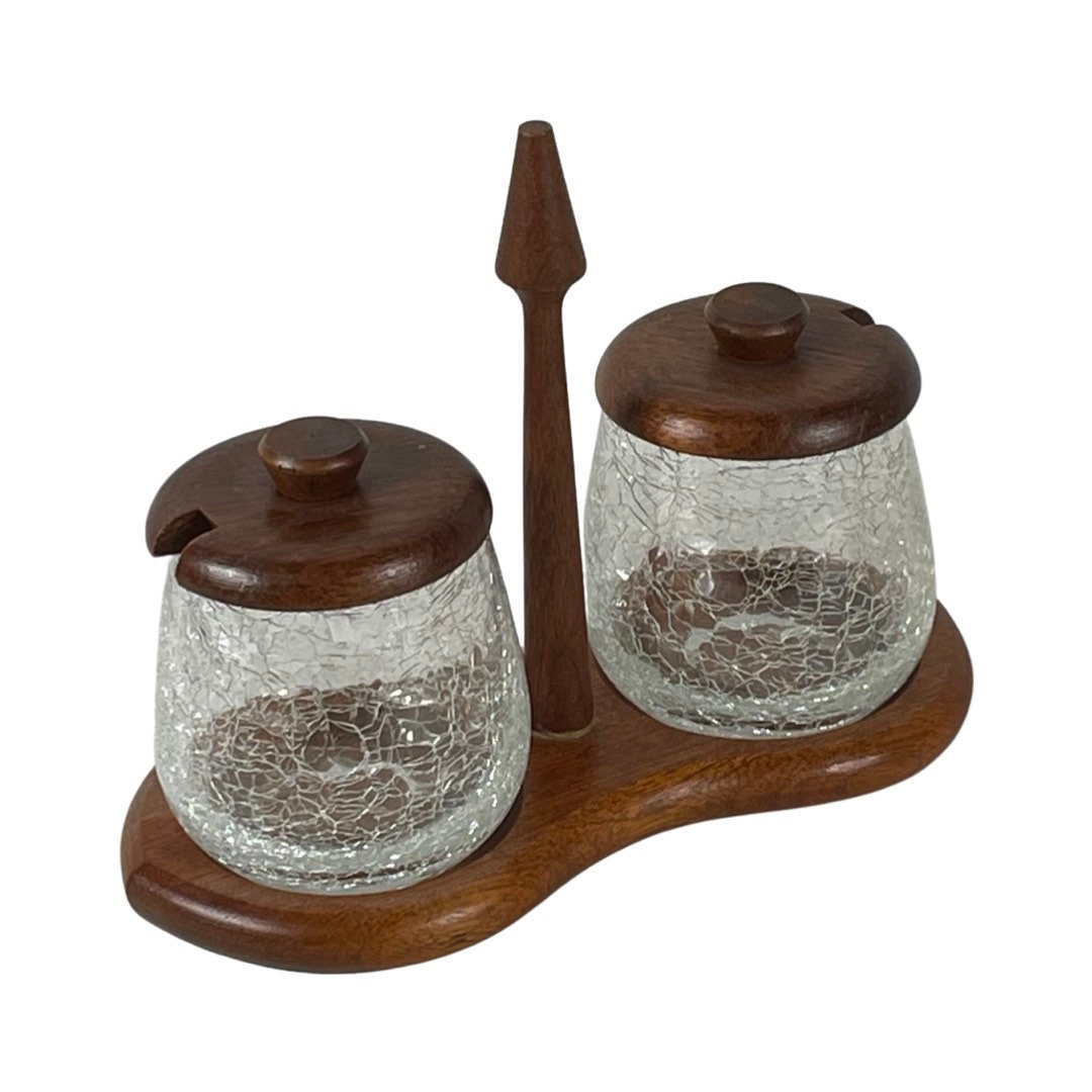 Teak Wood and Craquelé Glass - Condiments Dispenser / Jam / Spices ...
