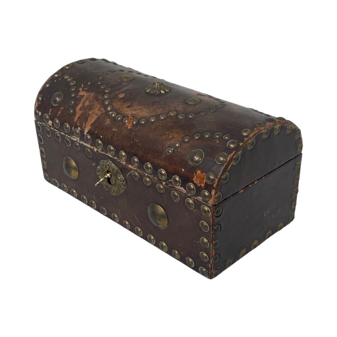 Vintage French Made Treasure Chest Type Jewelry Box Riveting Leather ...