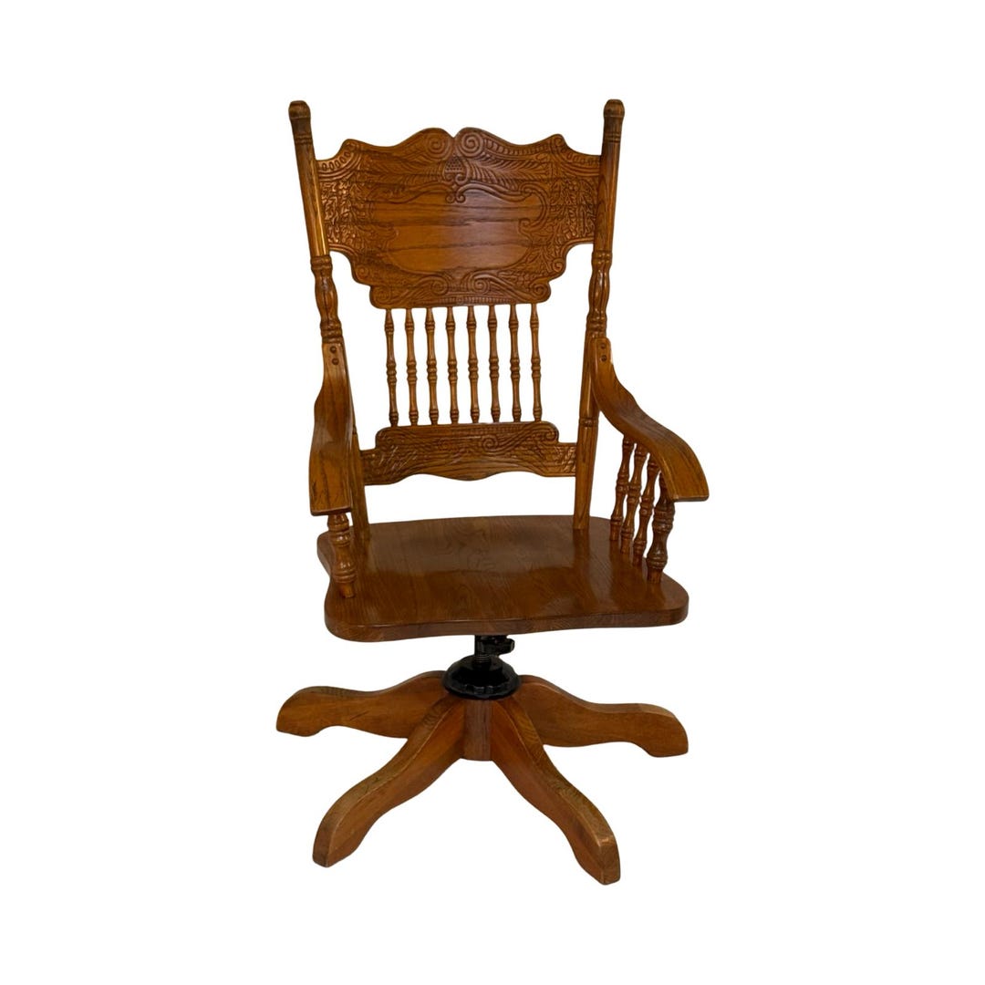 Vintage - Solid Oak - Rotating Desk Chair With Turned Colums and Hand ...