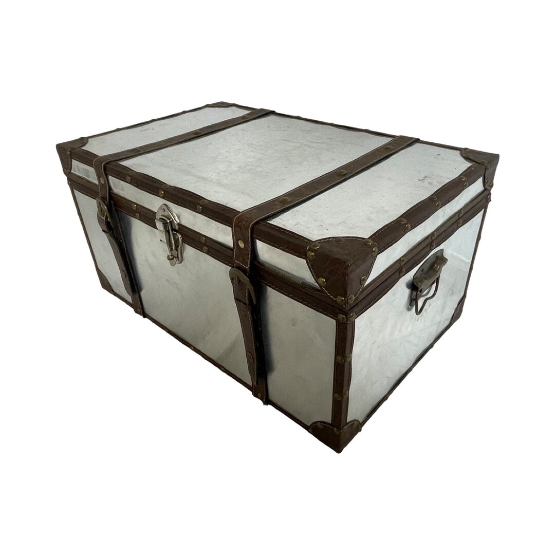 Vintage Suitcase / Steamer Trunk - Riveted Aluminum and Leather Straps ...