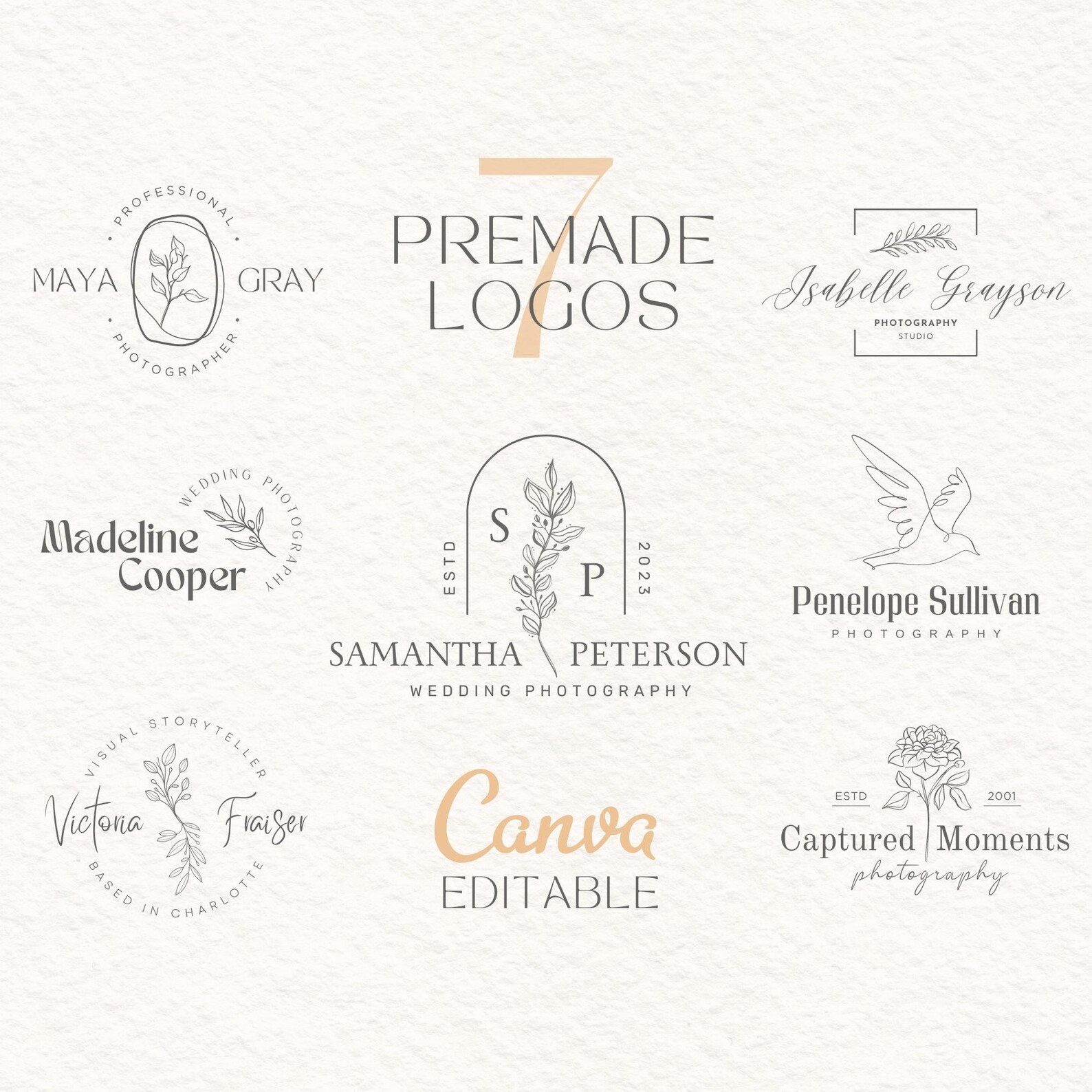 7 Photography Logo Designs Premade Botanical Logo Editable - Etsy