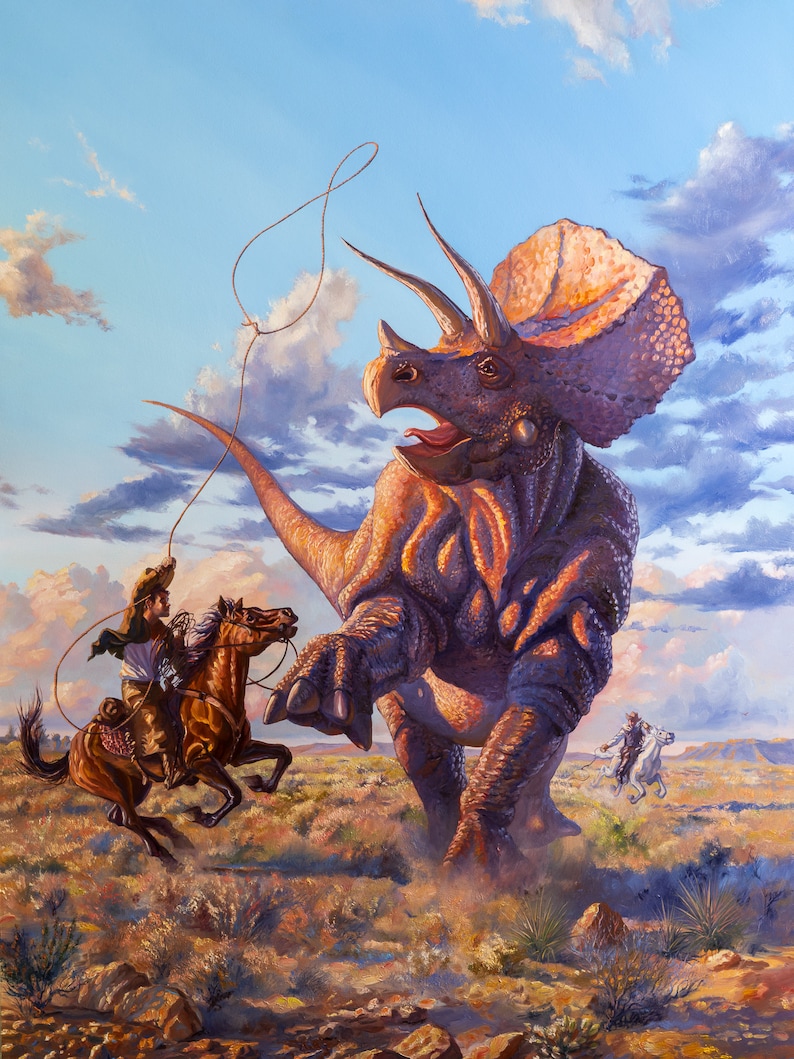 Longhorn- Cowboy Lassoing Triceratops Humorous Painting - Etsy