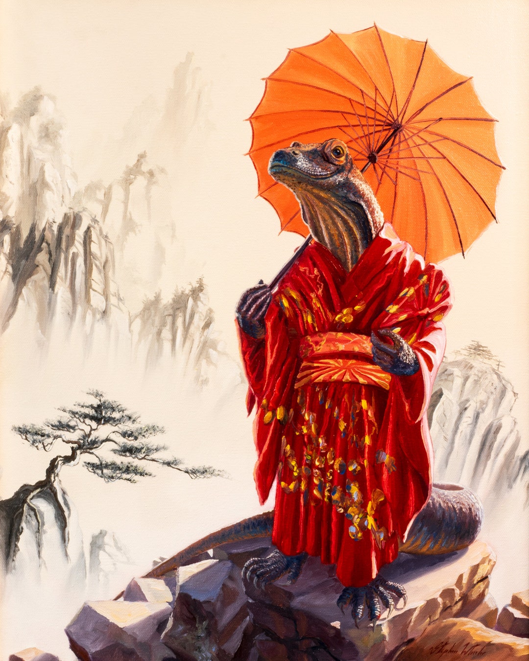 Kimono Dragon: Humorous Painting of Kimodo Dragon - Etsy