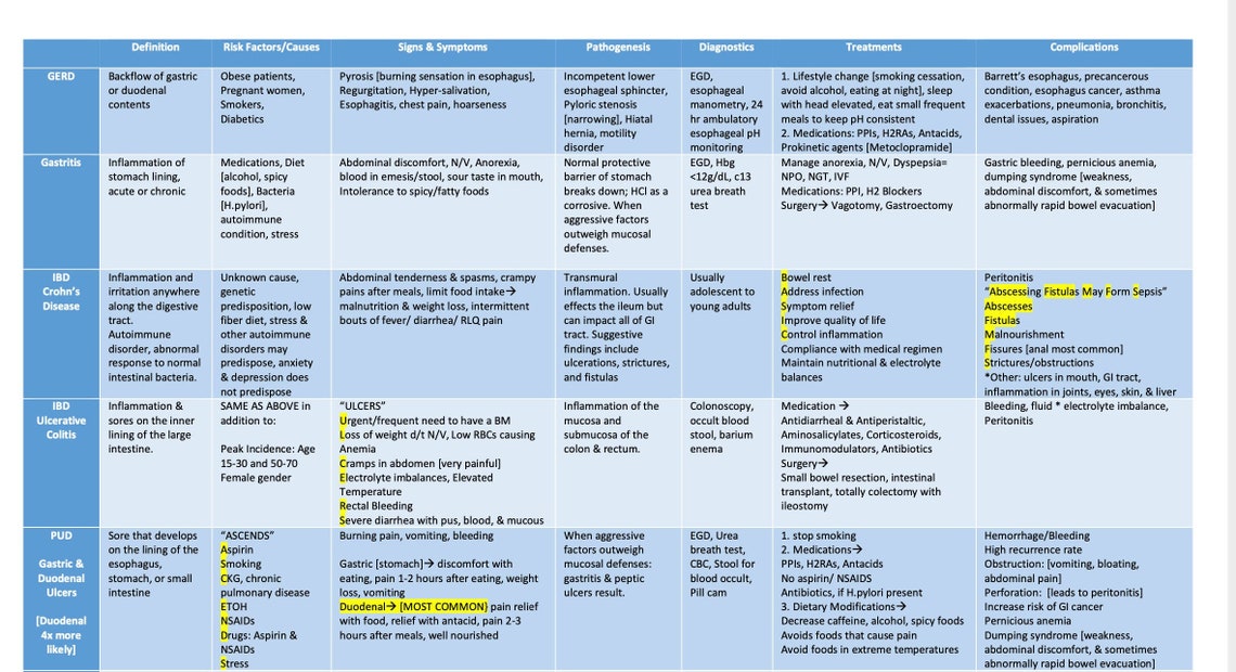 GI Disorders Chart GI Disorders GI System - Etsy