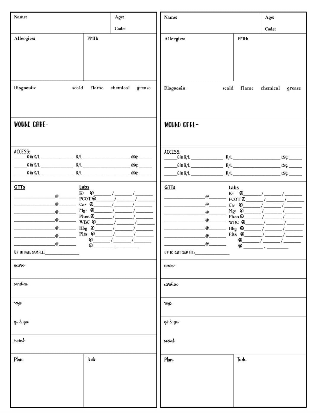 Cameron's Nursing Report Sheet / Burn Nurse Report Sheet - Etsy