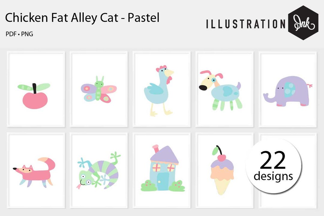 Chicken Fat Alley Cat Pastel Printable Art, Children Prints, Kids Decor ...