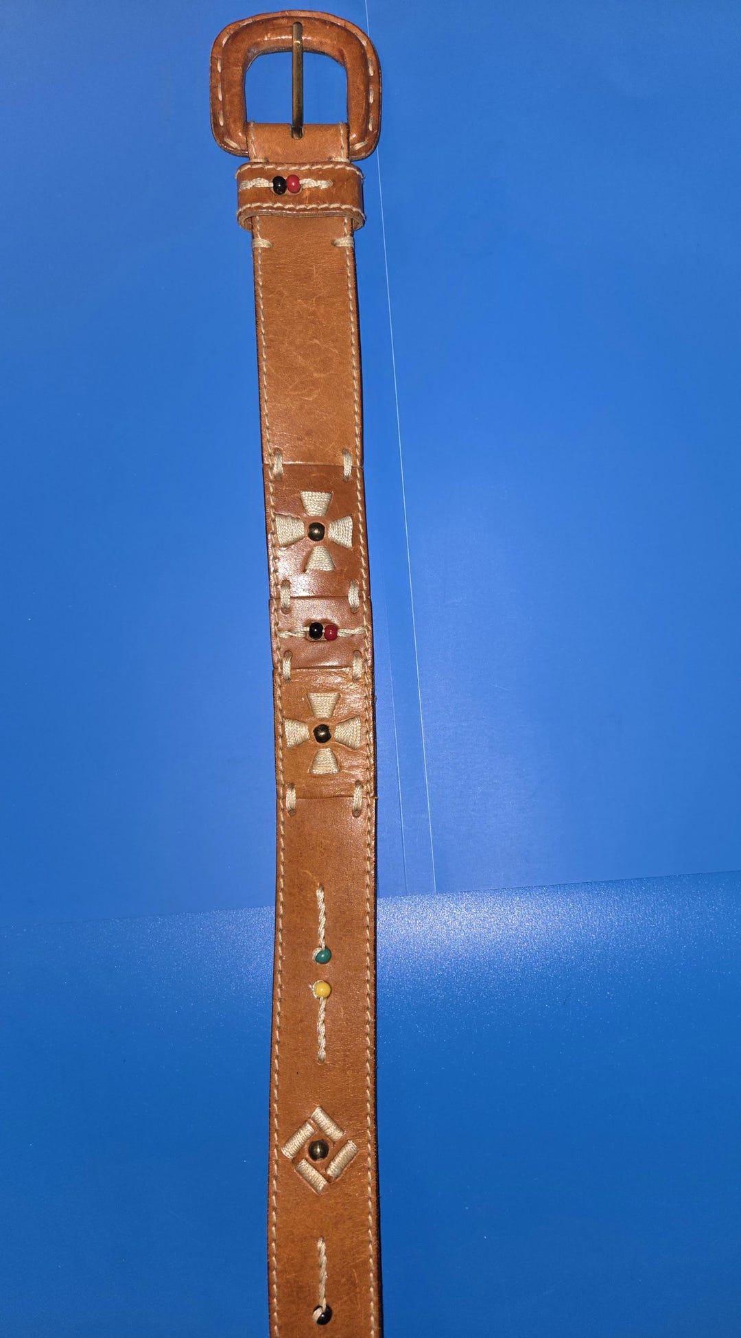 Omega Vintage Leather Belt With Beads and White Stitching Pattern ...