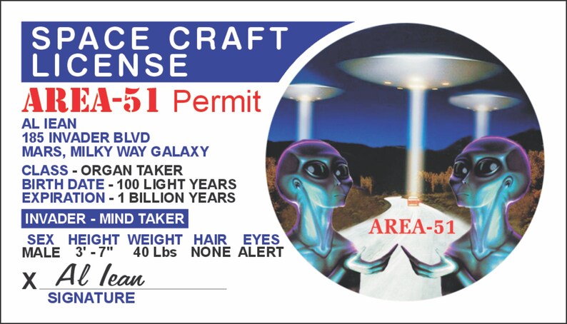 Alien Space Craft License-outer Space-ufo Alien-area 51-flying - Etsy