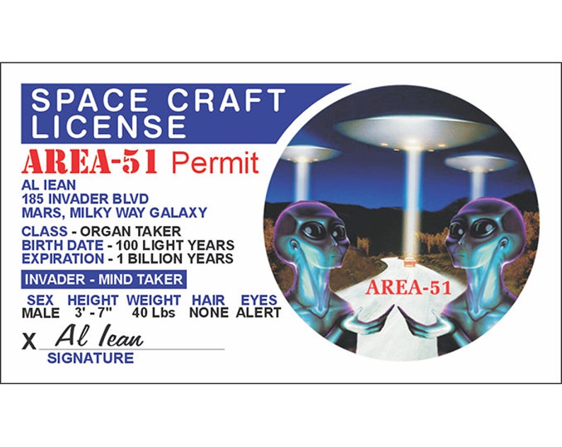 Alien Space Craft License-outer Space-ufo Alien-area 51-flying - Etsy