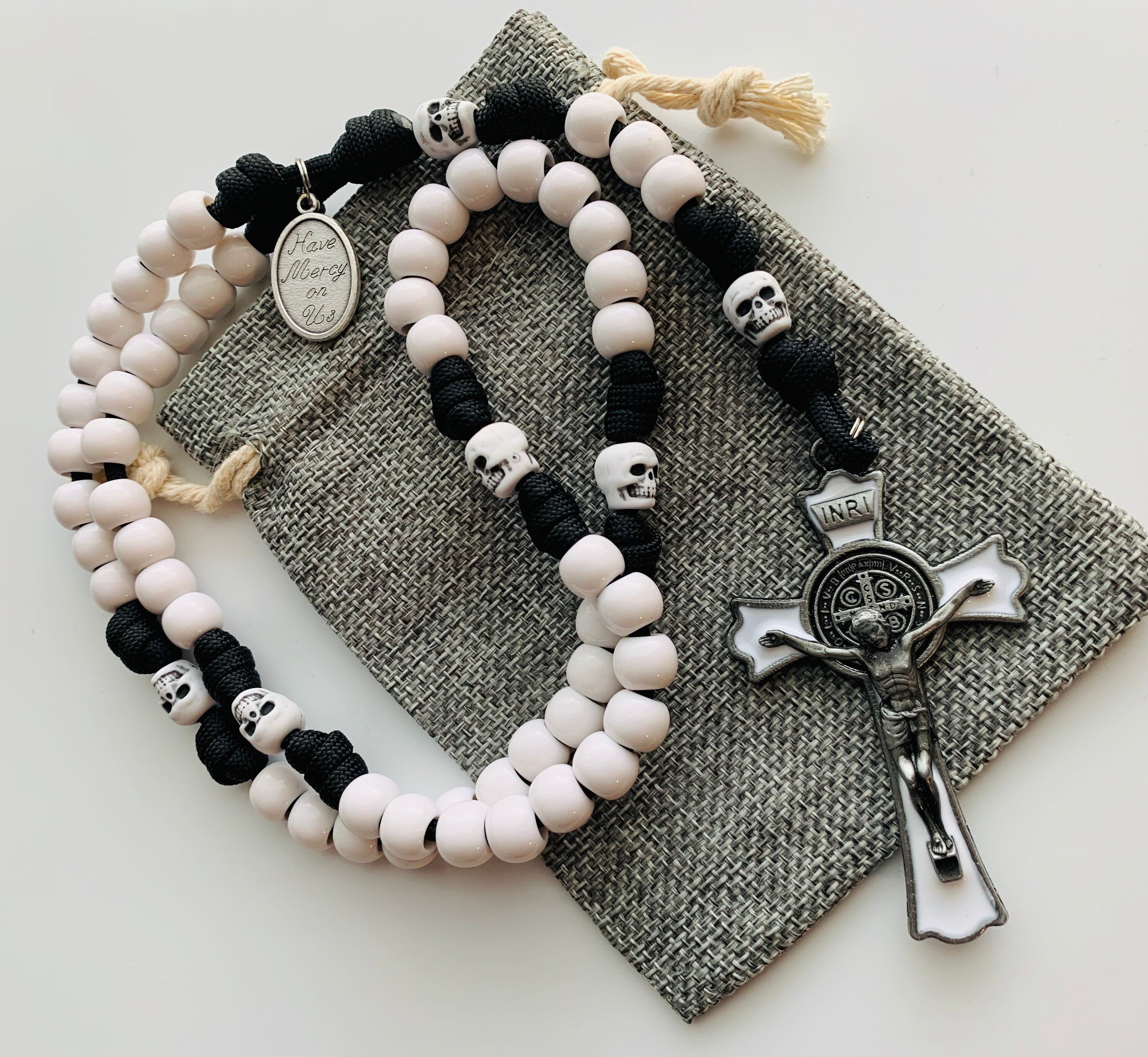Skull Catholic Rosary Memento Mori W/white Gloss Acrylic 10mm Beads ...
