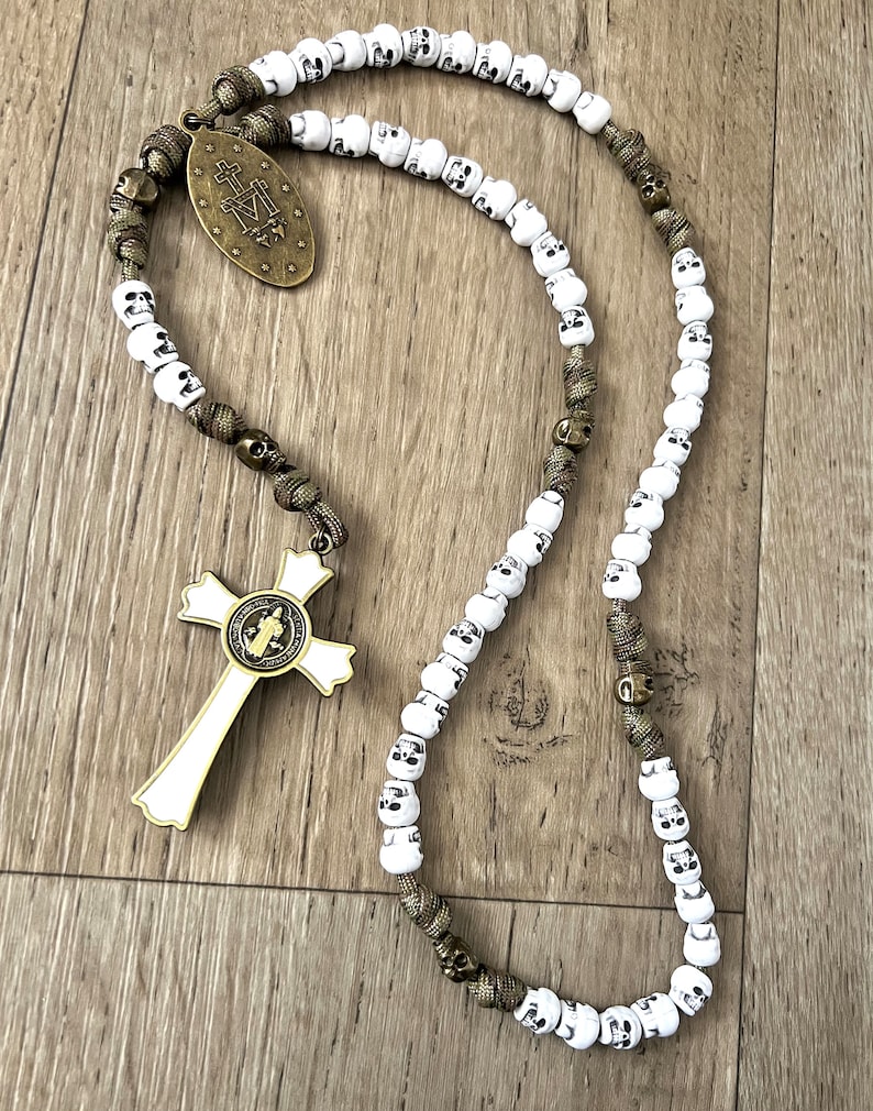 St. Benedict Memento Mori Catholic Rosary. 11mm White Skull Beads ...