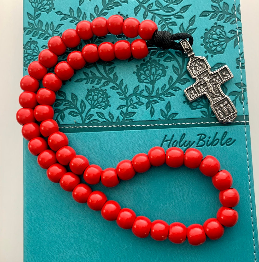 Stainless Steel Eastern Orthodox Crucifix. 50 Count 12mm Red Wood Beads ...
