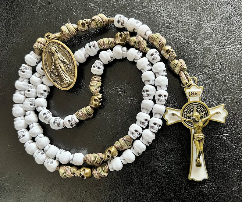 St. Benedict Memento Mori Catholic Rosary. 11mm White Skull Beads ...
