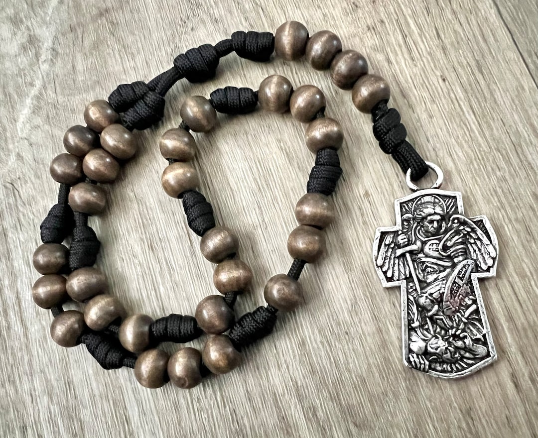 St. Michael Chaplet With 12mm Walnut Brown Wood Beads. Large Heavy ...