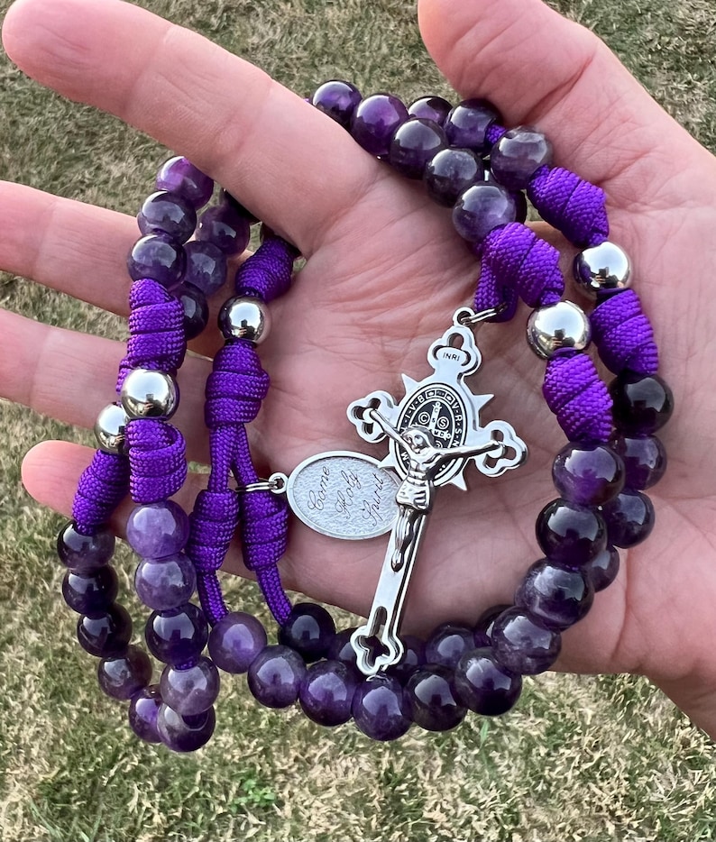 Amethyst Natural Stone Catholic Rosary. Modern Retro Titanium Steel St ...