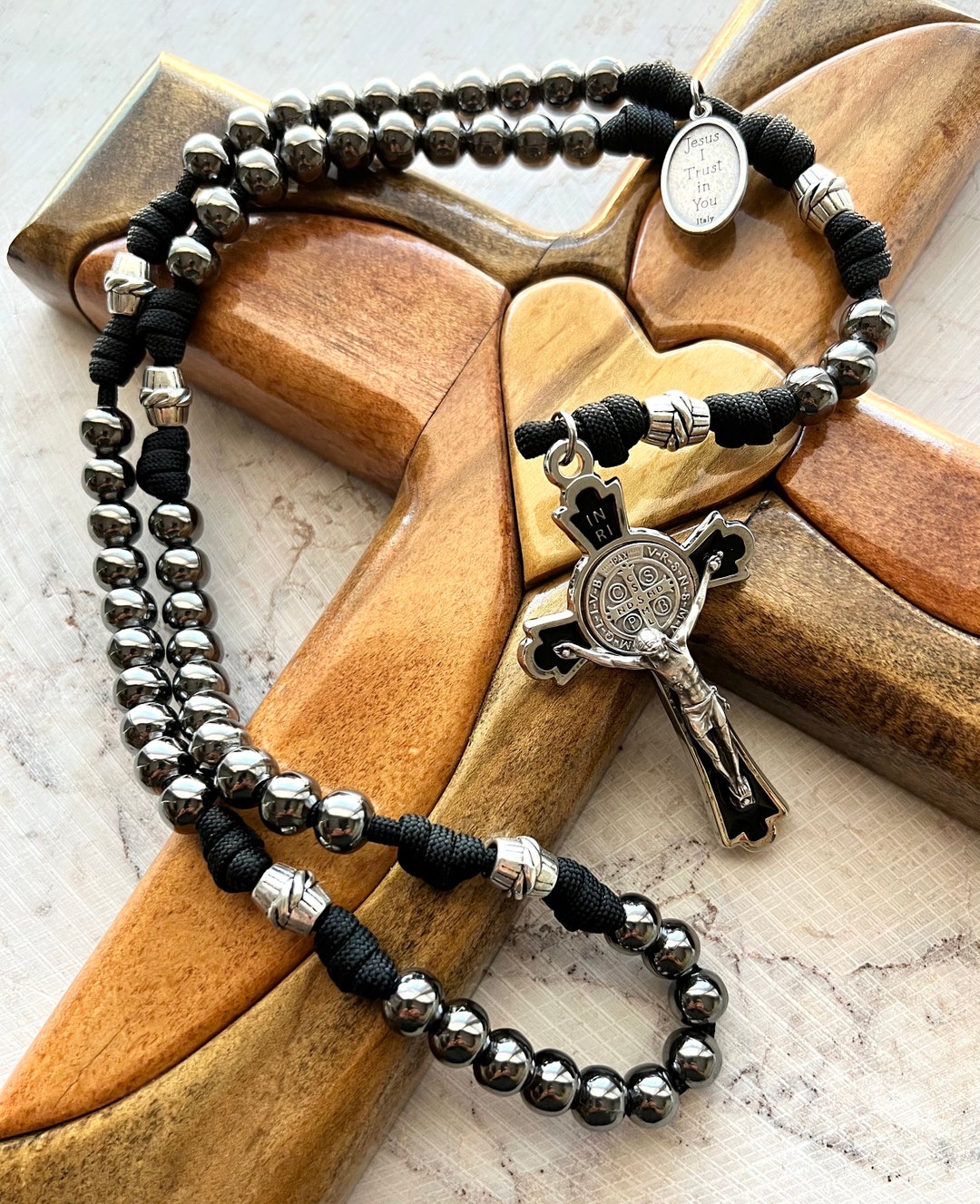 Thick St. Benedict Gunmetal Finish All Metal Catholic Rosary. 10mm ...