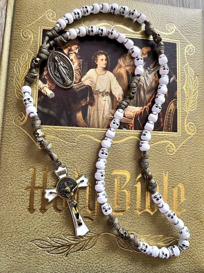 St. Benedict Memento Mori Catholic Rosary. 11mm White Skull Beads ...