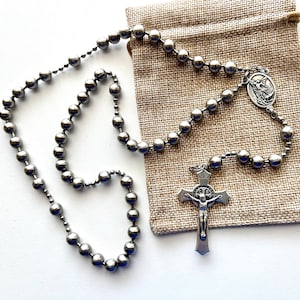 Stainless Steel 8mm Beads, Ball Chain Catholic Rosary With St. Benedict ...