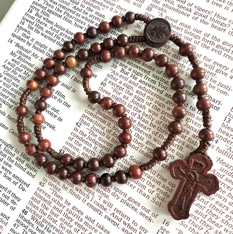 High End Handmade Miniature Wood Cord Catholic Rosary. Natural Rosewood ...