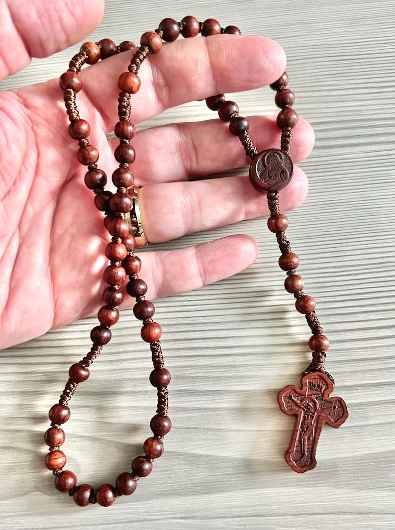 High End Handmade Miniature Wood Cord Catholic Rosary. Natural Rosewood ...