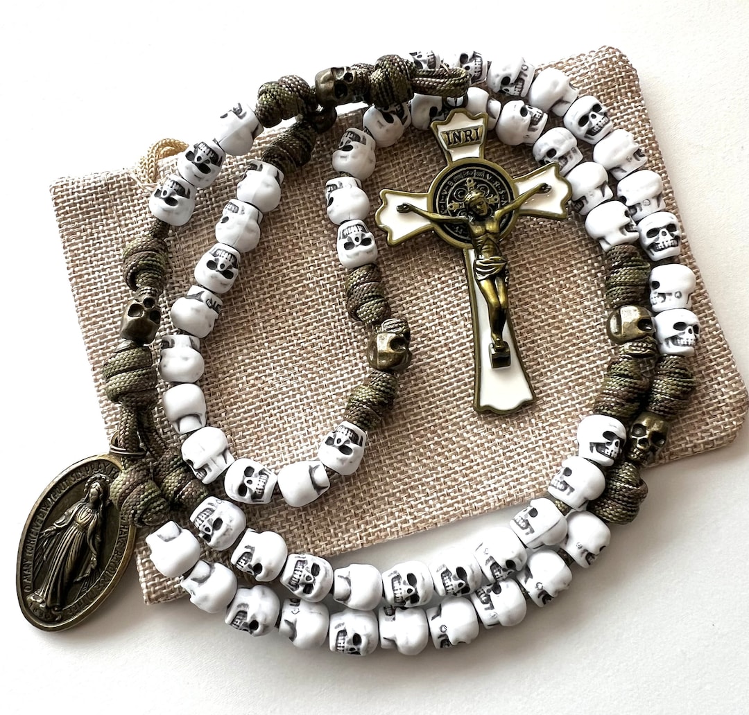 St. Benedict Memento Mori Catholic Rosary. 11mm White Skull Beads ...