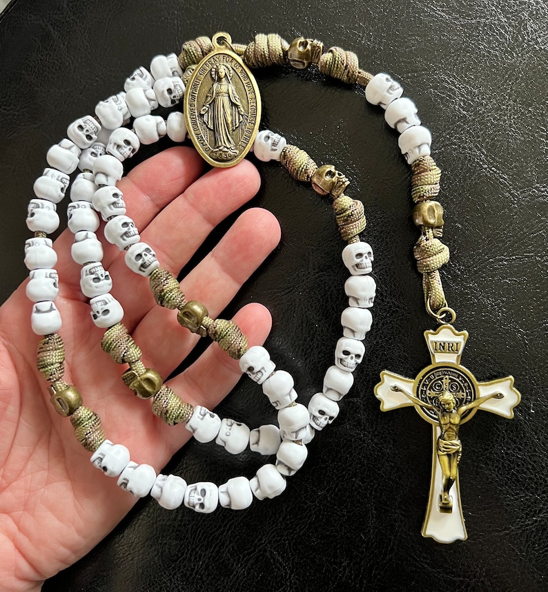 St. Benedict Memento Mori Catholic Rosary. 11mm White Skull Beads ...