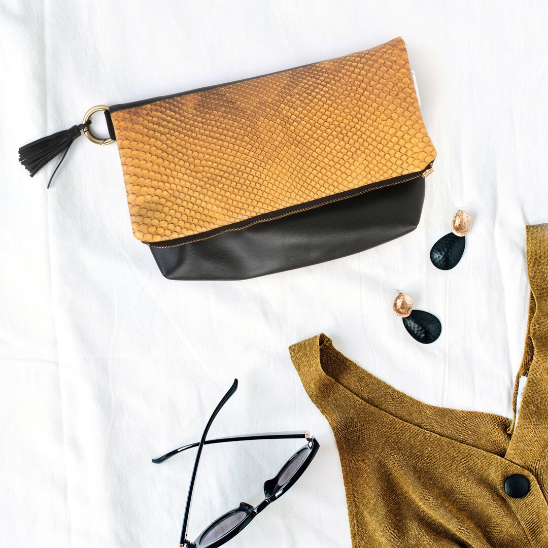 Yellow Snake Skin Texture Hand Bag Evening Bag Fashion Unique Clutche ...