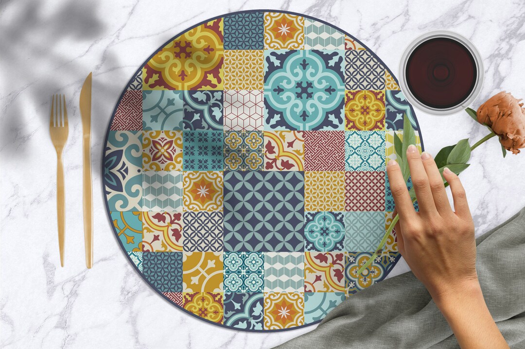 Colourful Round Nordic Print Tiles Heat Resistant Printed Placemat ...