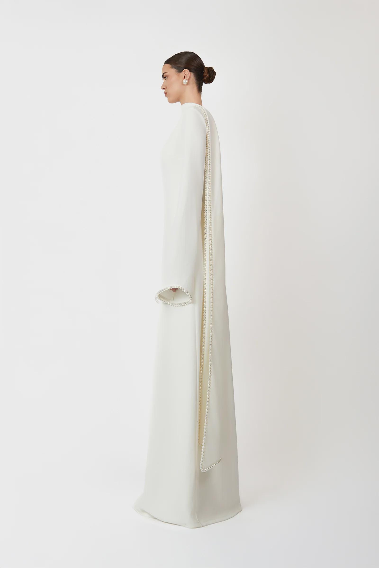 A-line Pearl Trimm Maxi Dress - off White | Tzinut Fashion | Modest ...
