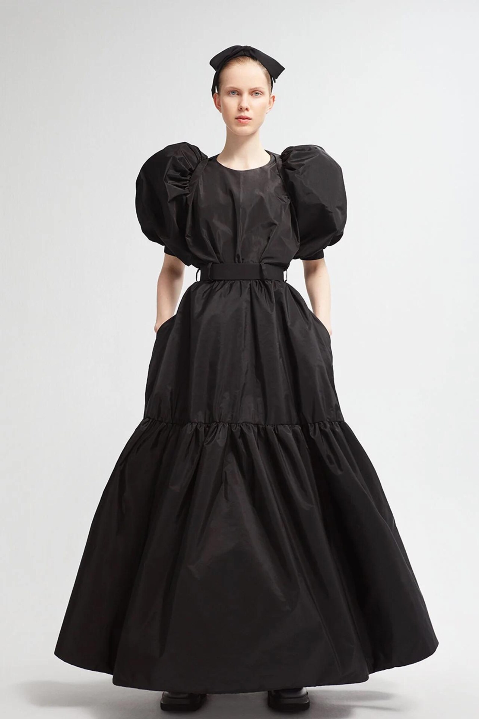 Black Puffy Sleeves Tier Skirt | Taffeta Black Dress | Modest Fashion ...