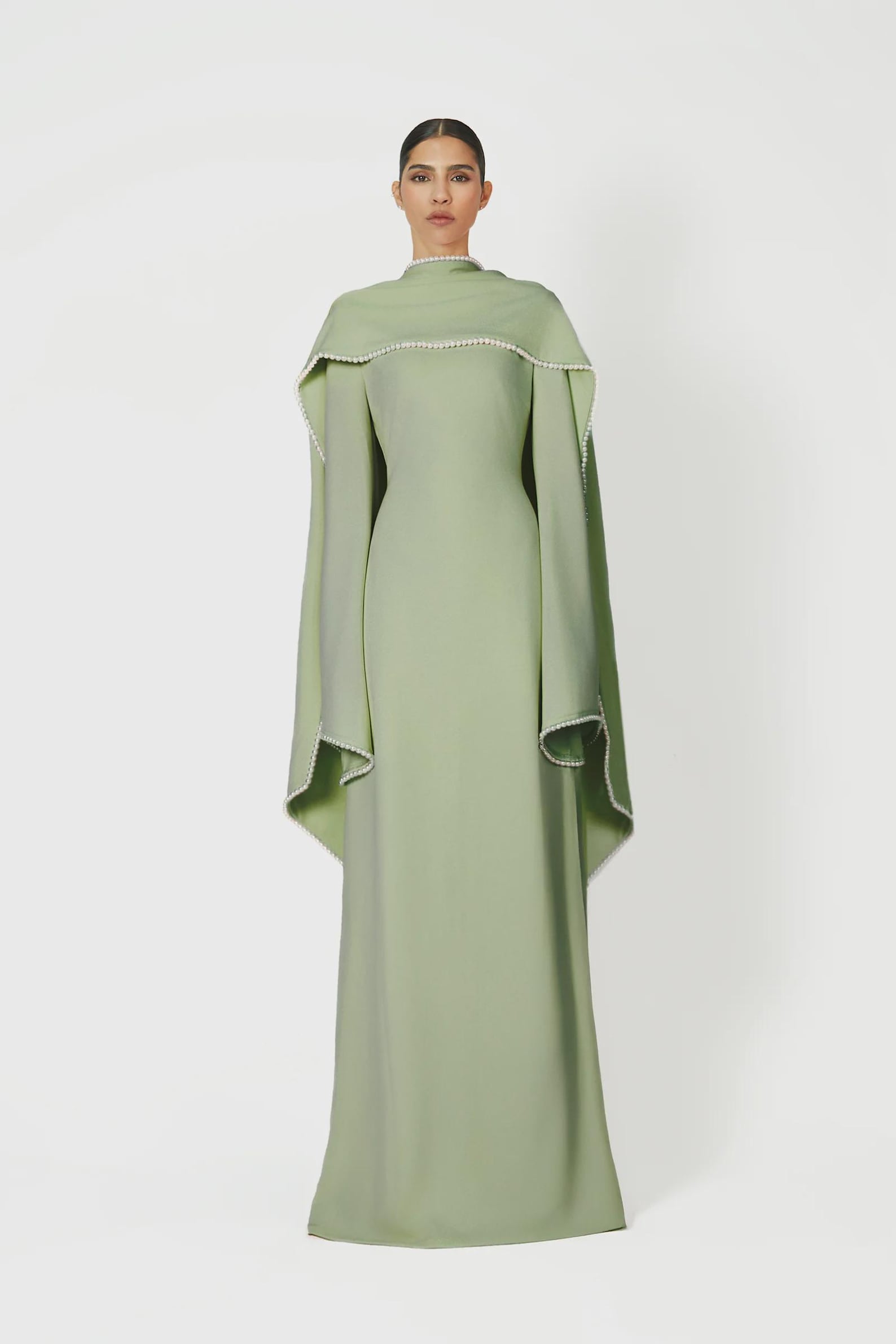 A-line Pearl Trim Maxi Dress - Sage Green | Tzinut Fashion | Modest ...