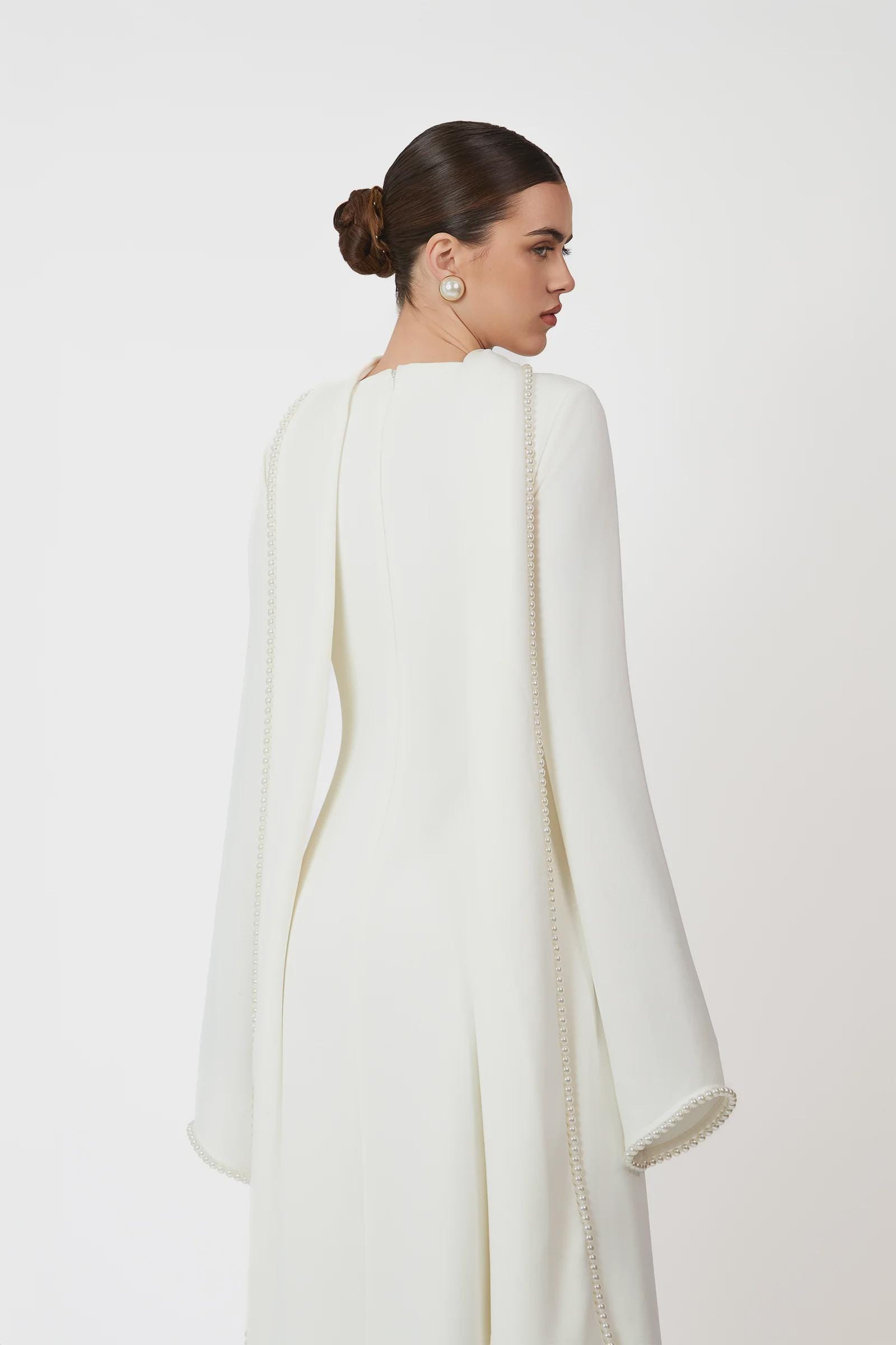 A-line Pearl Trimm Maxi Dress - off White | Tzinut Fashion | Modest ...